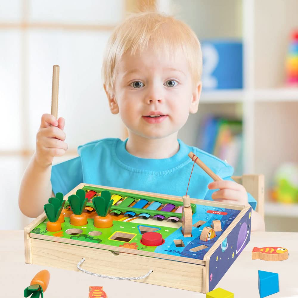 qiangXINGYai 4-in-1 Montessori Wooden Hammering Pounding Toys for Toddlers Age 1-3 with Xylophone,Shape Sorting,Magnetic Fishing,Game for Toddlers 1-3 Baby Early Development Educational Toys