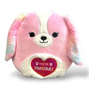 squishmallows official kellytoy 11 inch beemie pink dog rainbow tie-dye furry ears white furry belly with heart scribed you're pawsome! - 2023 valentine’s squad stuffed animal toy plush doll.