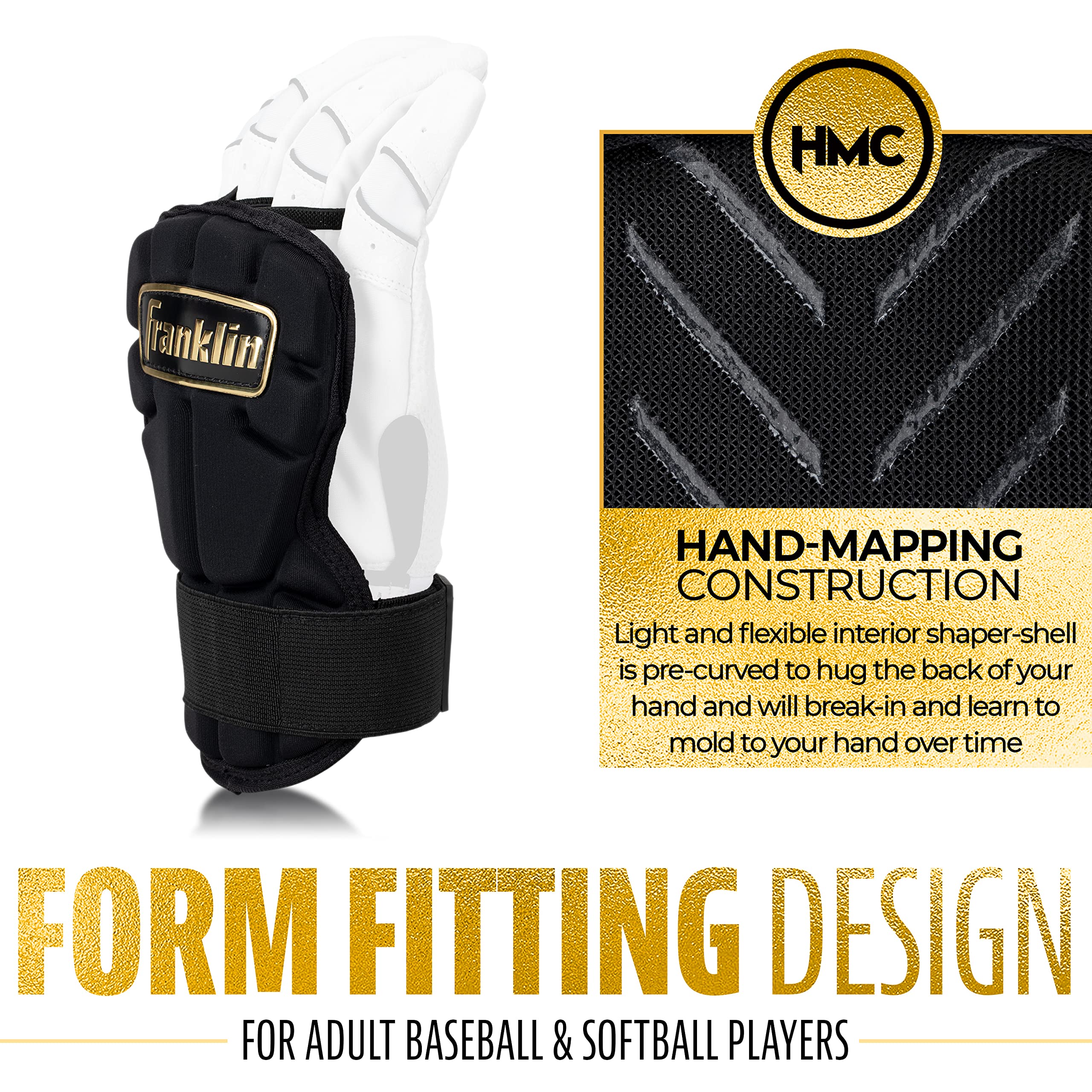 Franklin Sports Baseball Hand + Wrist Guard - PRT LG Series Adult Hand + Wrist Protector for Batting - Protective Hand, Wrist Shield - Right + Left Hand Hitters - Black/Gold - One Size - Adult