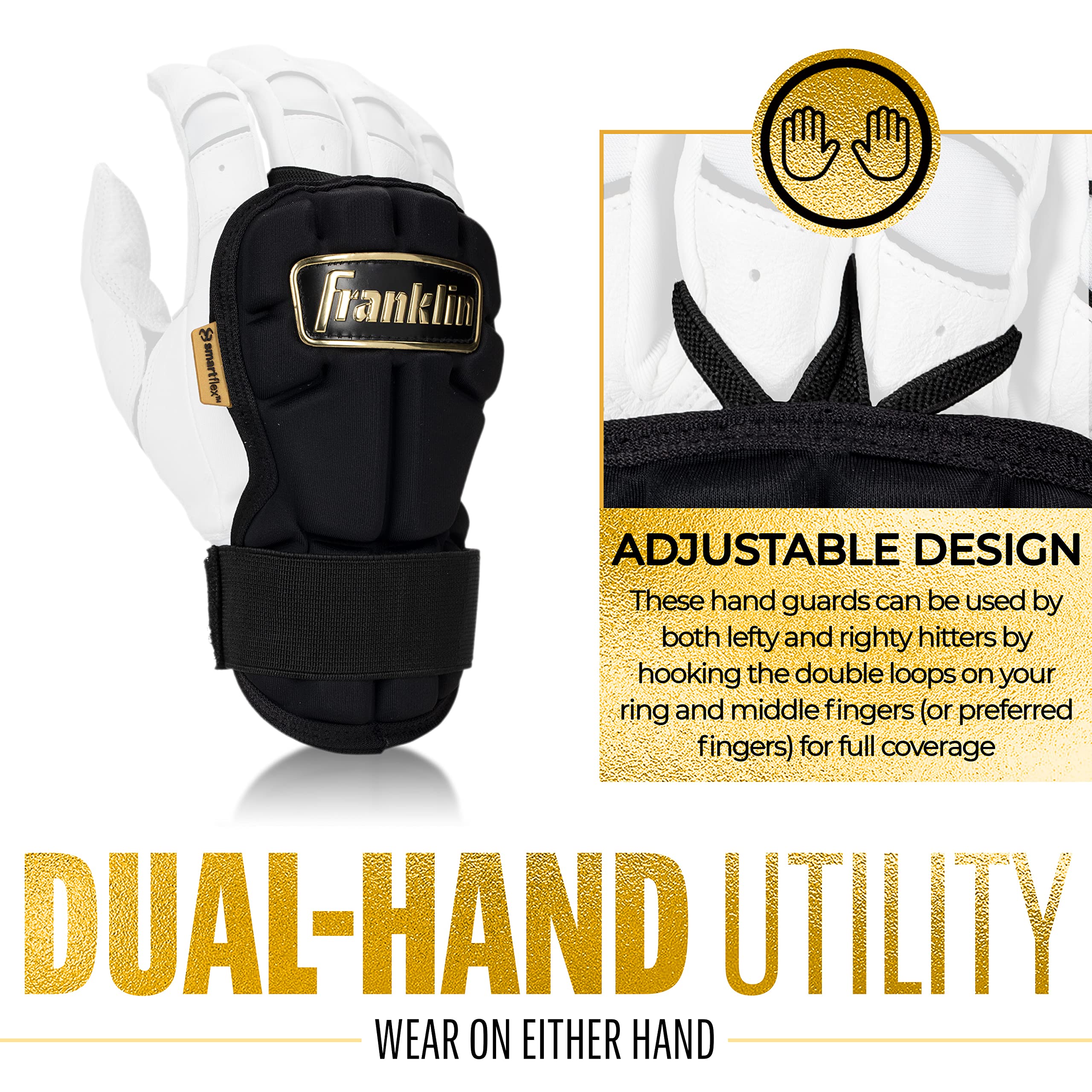 Franklin Sports Baseball Hand + Wrist Guard - PRT LG Series Adult Hand + Wrist Protector for Batting - Protective Hand, Wrist Shield - Right + Left Hand Hitters - Black/Gold - One Size - Adult