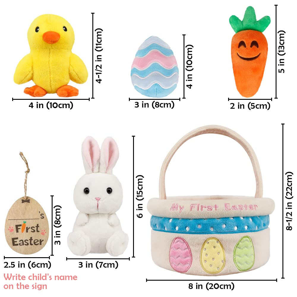 Baby's First Easter Theme Basket Playset, 5ct Stuffed Plush Bunny Chick Carrot Egg for Baby Girls Boys, Party Decorations Favors Stuffers Gifts, Supplies