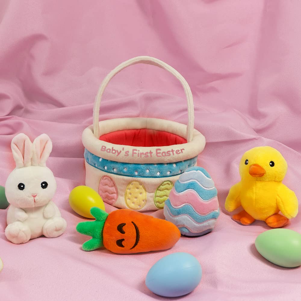 Baby's First Easter Theme Basket Playset, 5ct Stuffed Plush Bunny Chick Carrot Egg for Baby Girls Boys, Party Decorations Favors Stuffers Gifts, Supplies