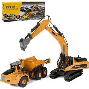 qcar construction dump truck excavator toys, heavy duty alloy construction vehicles, 1:50 scale diecast site digger and dumper set, toy trucks for kids 8,9,10,11,12 year old and up(2pcs)