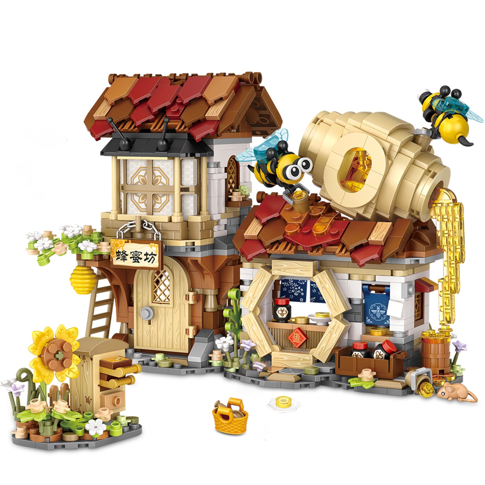 QLT QIAOLETONG Honey Workshop Mini Building Blocks, MOC Creative Building Toys Model Set for 7-9 Years Old Girls Boys, 1242 PCS Simulation Architecture Construction Toy, Gift Idea for Kids Adults