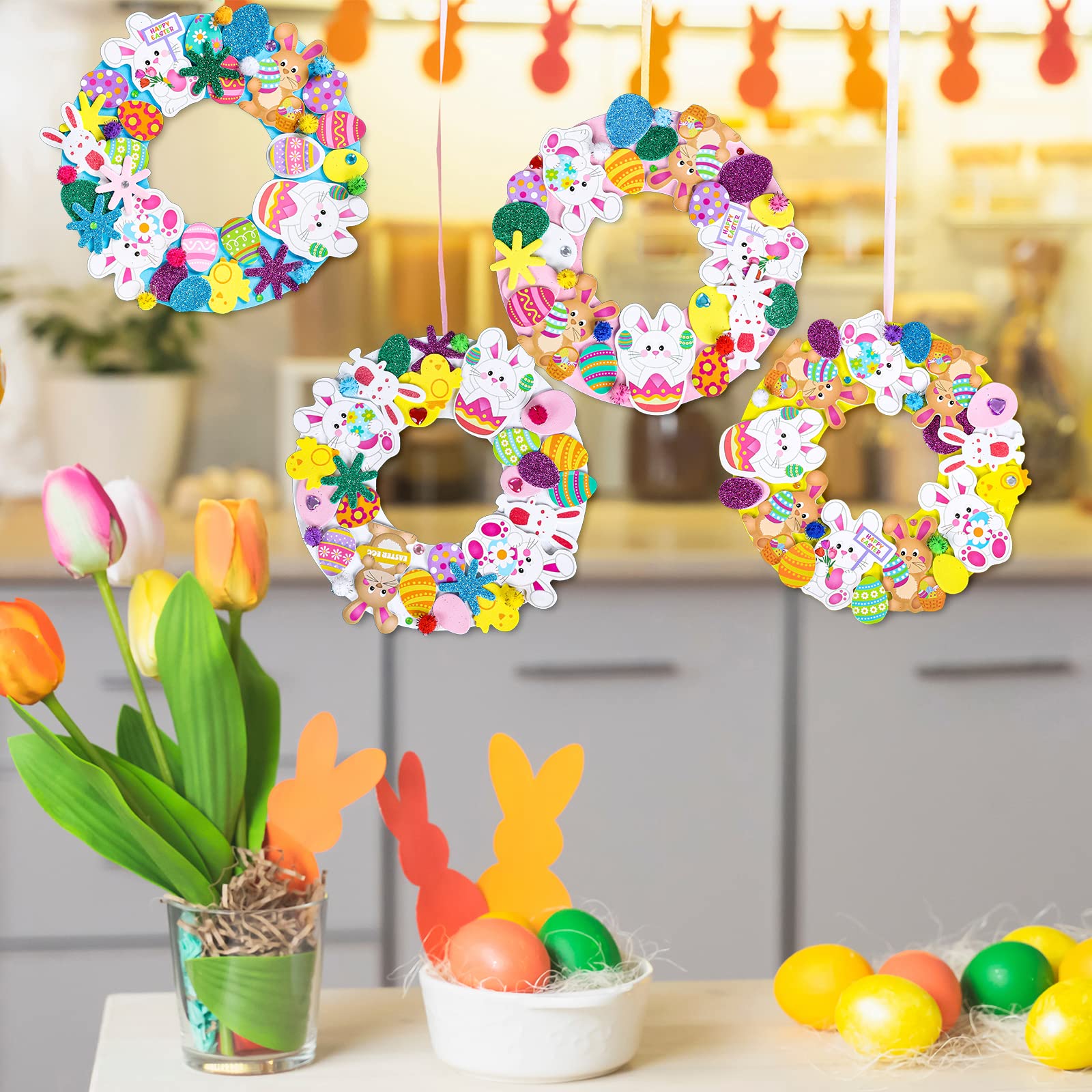 Whaline 12 Sets Easter Foam Stickers Easter Wreath Signs with 400Pcs Cute Bunny Egg Stickers, Rhinestone Sticker, 100Pcs Pom Balls and Yellow Ribbons DIY Foam Wreath Signs for Easter Holiday Party Art