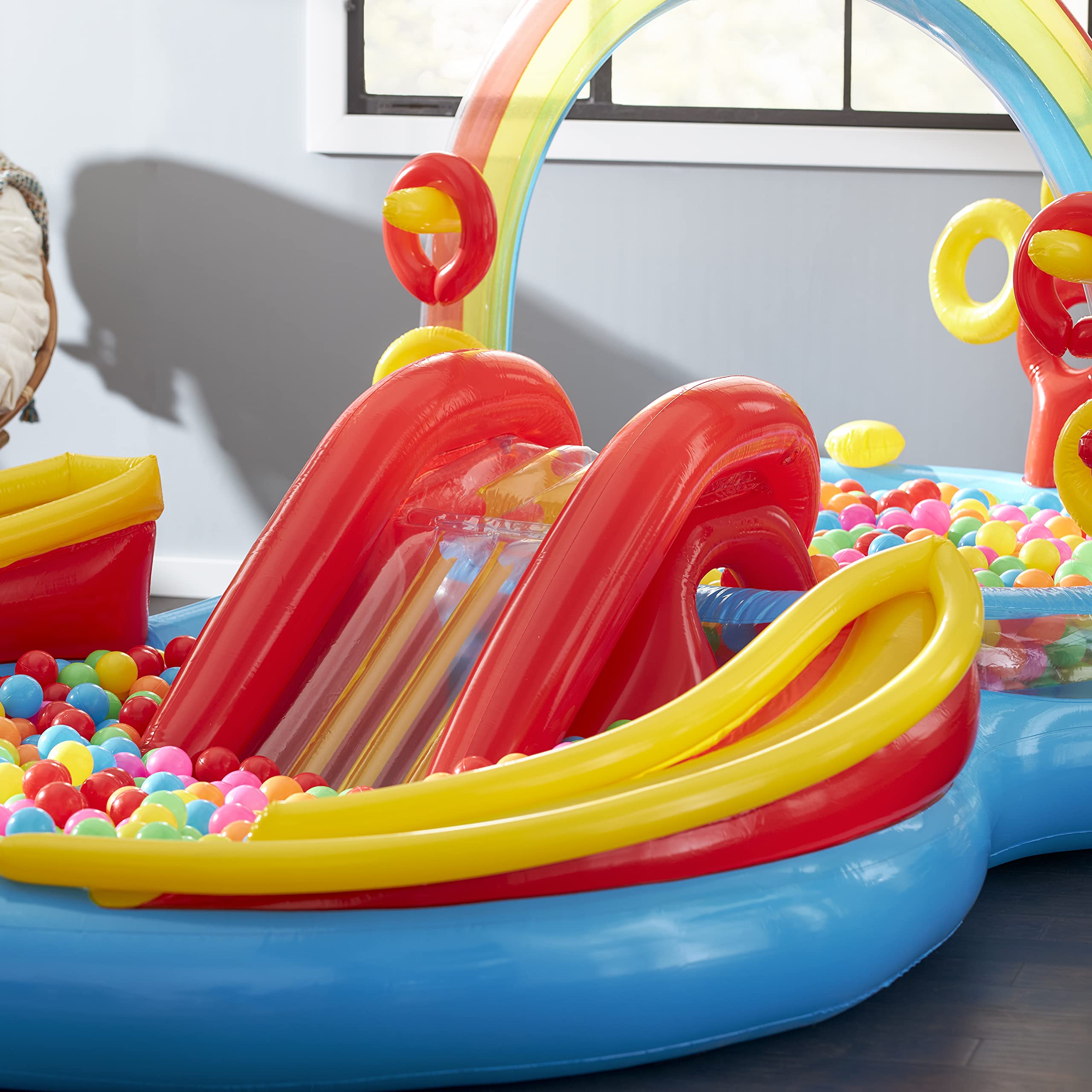 Intex 9.75 x 6.3 Foot Rainbow Ring Inflatable Play Center Pool with Water Slide and Small Plastic Multi-Colored Fun Ballz for Ball Pit, 100 Pack