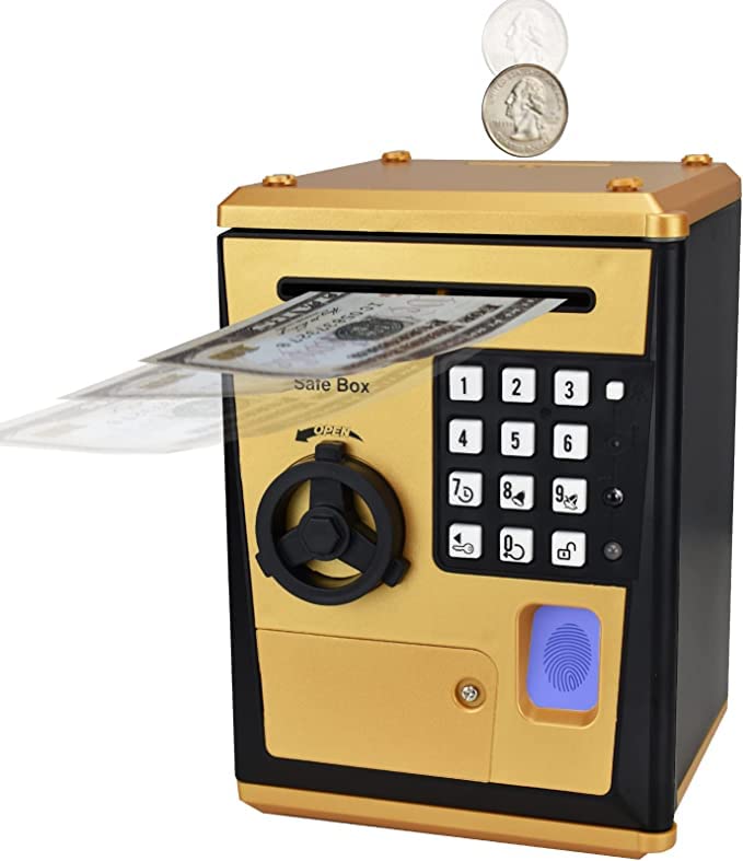 LIKE Toy Piggy Bank Safe Box Fingerprint ATM Bank ATM Machine Money Coin Savings Bank for Kids (Golden)