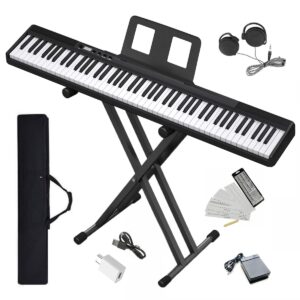 longeye piano keyboard 88 keys compact digital piano for beginners with full size semi weighted keys, sustain pedal, headphones, carrying case (88 key with stand, black)