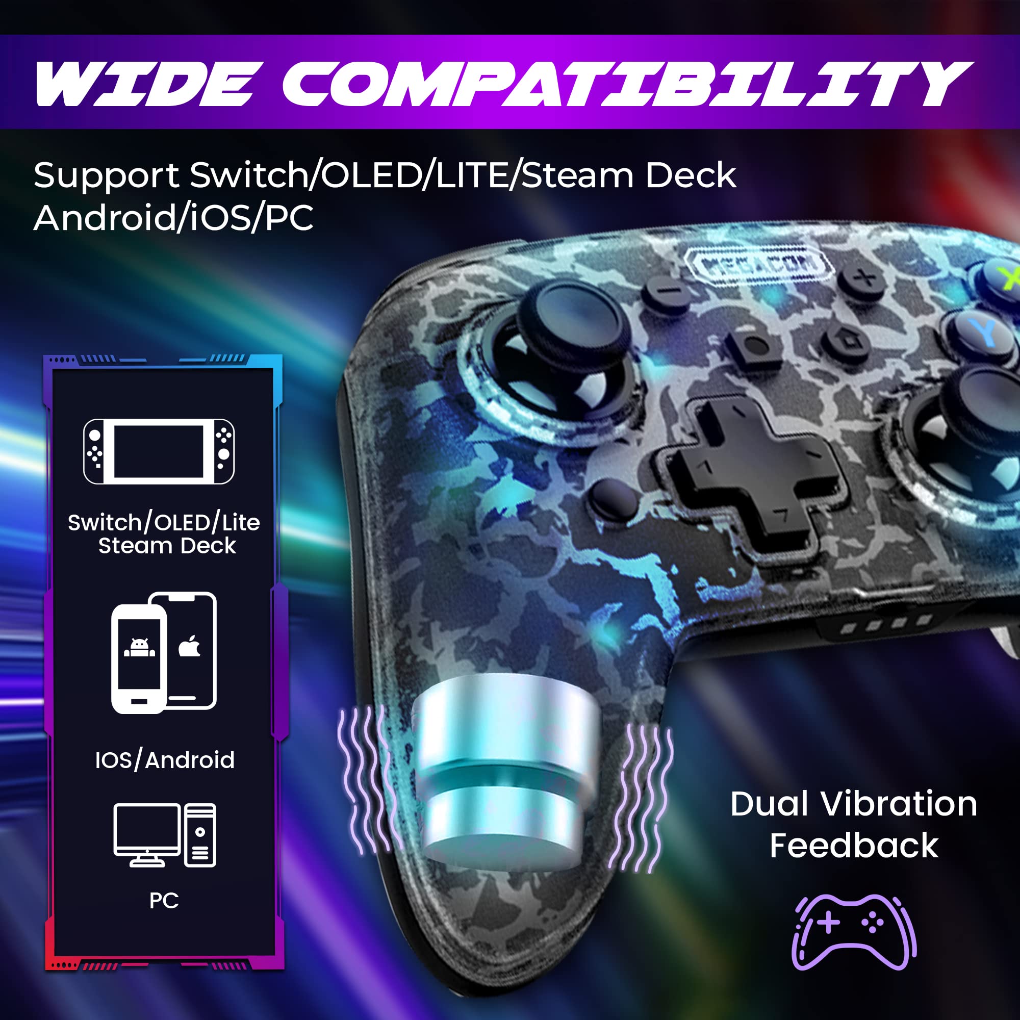 megacom Pro Controller - Wireless Gamepad for Switch, PC (Windows & Steam), Steam Deck – Bluetooth Gaming Controller with 2 Remap Keys, Rechargeable Battery, RGB Breathing Light, Adjustable Vibration