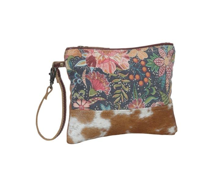 Myra Bag Western Upcycled Pouch Bag for Women - Canvas Hair On Leather Wristlet Handbag Starlit