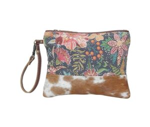 myra bag western upcycled pouch bag for women - canvas hair on leather wristlet handbag starlit