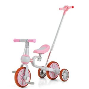 olakids toddler tricycle, 5 in 1 kids trike for age 2-4 with push handle, baby bike with adjustable seat and handle, removable pedal and training wheels for boys girls toy gift (pink)