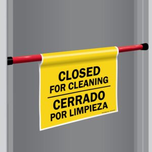 smartsign "closed for cleaning" bilingual hanging doorway barricade sign, spring-loaded adjustable twist-to-tighten aluminum pole & 11.25" x 18" vinyl safety sign kit, black/yellow, usa-made