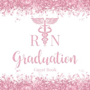 rn graduation guest book: keepsake for nursing school graduate party, photos, memories, wishes and advice, pink and white glitter style theme