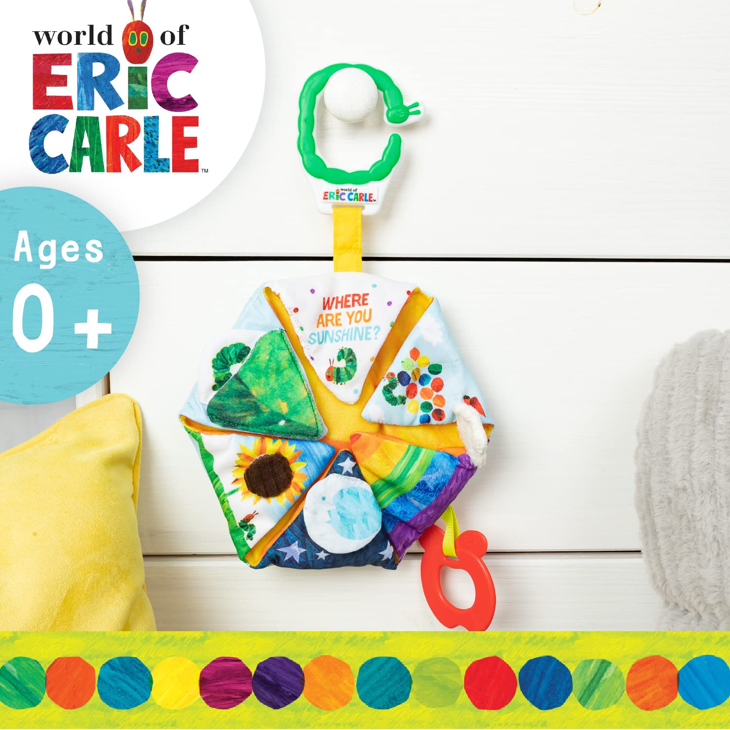 KIDS PREFERRED World of Eric Carle The Very Hungry Caterpillar Sunshine On The Go Activity Toy with Peek A Boo Flaps, Apple Tether, and On The Go Clip for Baby and Toddler Boys and Girls