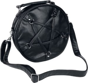 lost queen pentagram handbag round - gothic crossbody purse - black faux leather bag