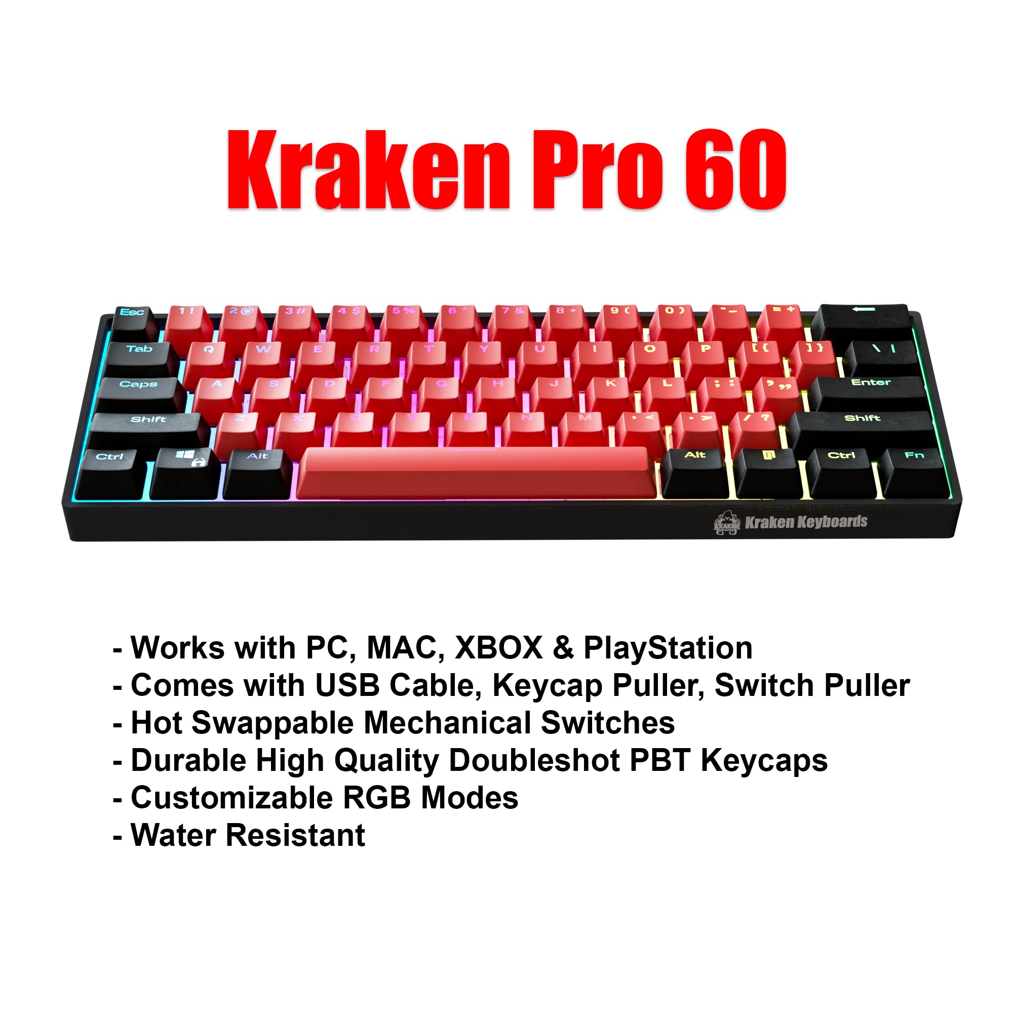 Kraken Pro 60 BRED Edition 60% Mechanical Keyboard and Matching DARTH XXL GAMING MOUSE PAD (Black and Red Gaming Bundle)