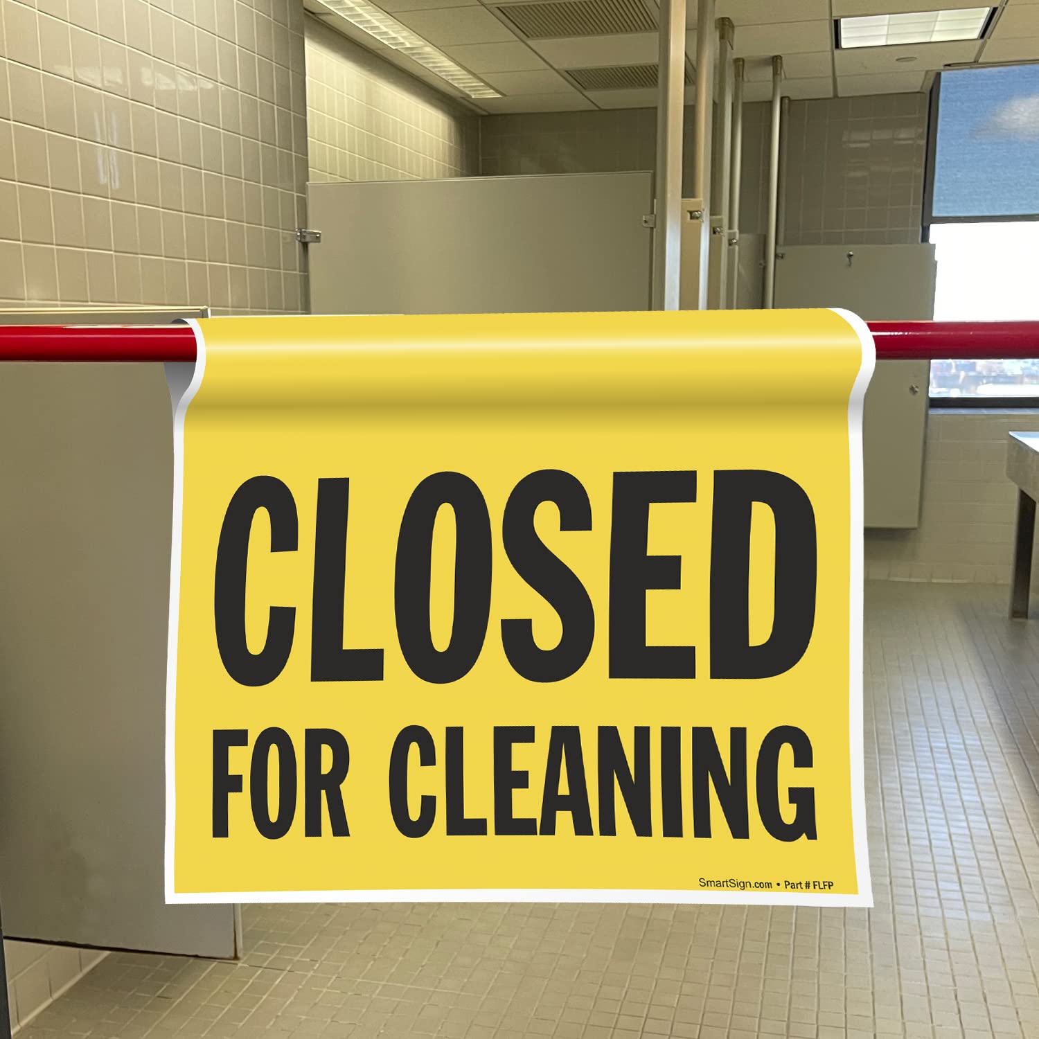 SmartSign "Closed For Cleaning" Hanging Doorway Barricade Sign, 11.25" x 18" Vinyl Sign, Spring-loaded Adjustable Aluminum Pole, Twist-To-Tighten Pole & Safety Sign Kit, Black/Yellow, Made in USA