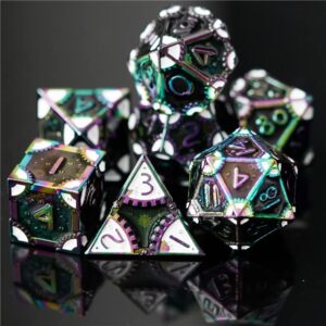 dark rainbow mahcine gear dnd metal dice set for dungeons and dragons gifts, d&d, d and d, pathfinder, accessories, d20, polyhedral, resin dice, metal, dice tray, tower, bag, box