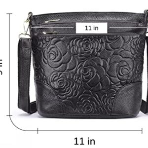 Women Genuine Leather Shoulder Bag Floral-Embossed Crossbody Bag Handbag for Women (Floral-Embossed Blue)