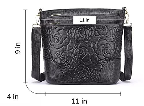 Women Genuine Leather Shoulder Bag Floral-Embossed Crossbody Bag Handbag for Women (Floral-Embossed Blue)