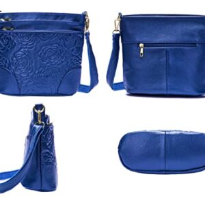 Women Genuine Leather Shoulder Bag Floral-Embossed Crossbody Bag Handbag for Women (Floral-Embossed Blue)