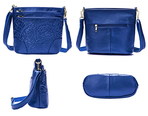 Women Genuine Leather Shoulder Bag Floral-Embossed Crossbody Bag Handbag for Women (Floral-Embossed Blue)