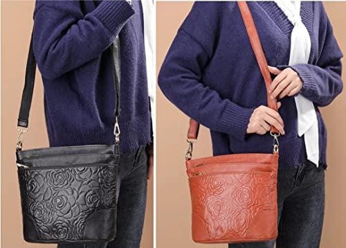 Women Genuine Leather Shoulder Bag Floral-Embossed Crossbody Bag Handbag for Women (Floral-Embossed Blue)