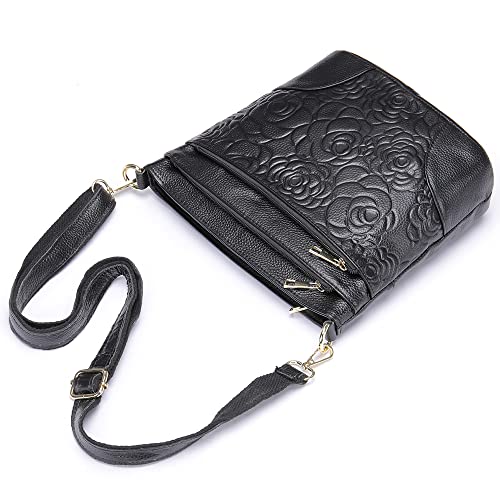 Women Genuine Leather Shoulder Bag Floral-Embossed Crossbody Bag Handbag for Women (Floral-Embossed Blue)