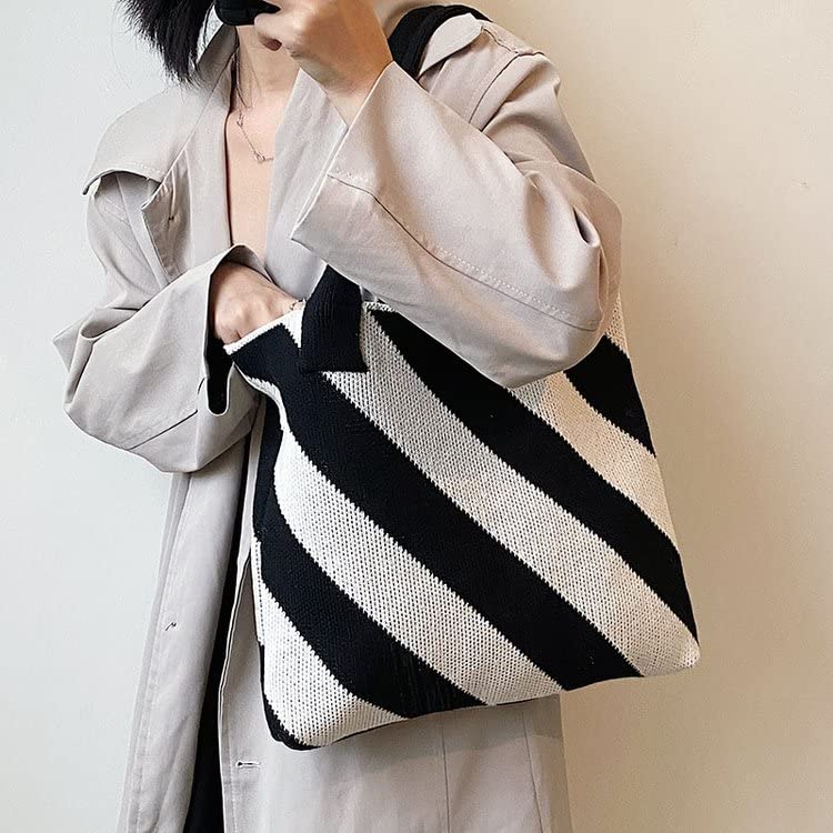 Fairycore Striped Crocheted Tote Bag Aesthetic Knitted Hobo Bag Trendy Big Capacity Shoulder Bag Y2K Accessories (Black and white)