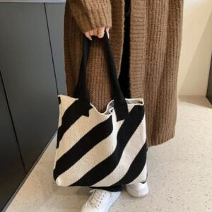 Fairycore Striped Crocheted Tote Bag Aesthetic Knitted Hobo Bag Trendy Big Capacity Shoulder Bag Y2K Accessories (Black and white)