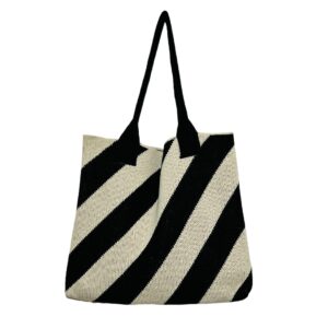 fairycore striped crocheted tote bag aesthetic knitted hobo bag trendy big capacity shoulder bag y2k accessories (black and white)