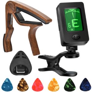 guitar capo, guitar picks, guitar accessories with guitar tuner, capo for acoustic guitar, bass, buzzing-free, quick release, guitar tuner clip on for guitar, violin, bass, ukulele chromatic, rosewood