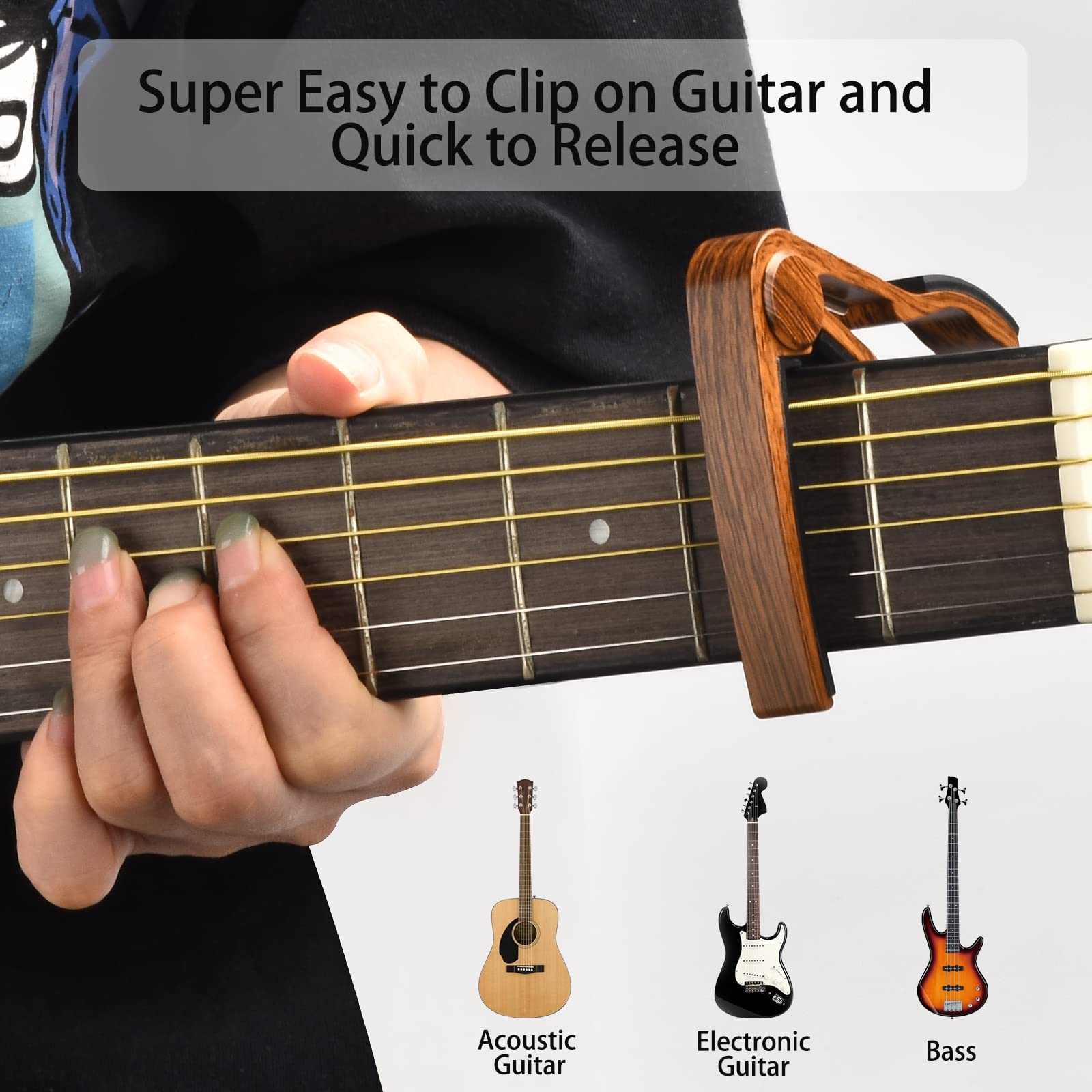 Guitar Capo, Guitar Picks, Guitar Accessories with Guitar Tuner, Capo for Acoustic Guitar, Bass, Buzzing-Free, Quick Release, Guitar Tuner Clip on for Guitar, Violin, Bass, Ukulele Chromatic, Rosewood