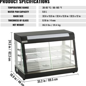 VEVOR Commercial Food Warmer Display, 3 Tiers, 1800W Pizza Warmer w/ 3D Heating 3-Color Lighting Bottom Fan, Countertop Pastry Warmer w/Temp Knob Display 0.6L Water Tray, Stainless Frame Glass Doors…