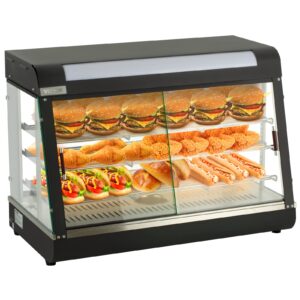 vevor commercial food warmer display, 3 tiers, 1800w pizza warmer w/ 3d heating 3-color lighting bottom fan, countertop pastry warmer w/temp knob display 0.6l water tray, stainless frame glass doors…