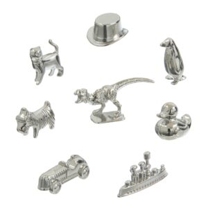 8-pack replacement pawns compatible with monopoly - t-rex, terrier, race car, top hat, battleship, cat, duck, penguin - new edition metal classic board game tokens - replace lost or broken pieces