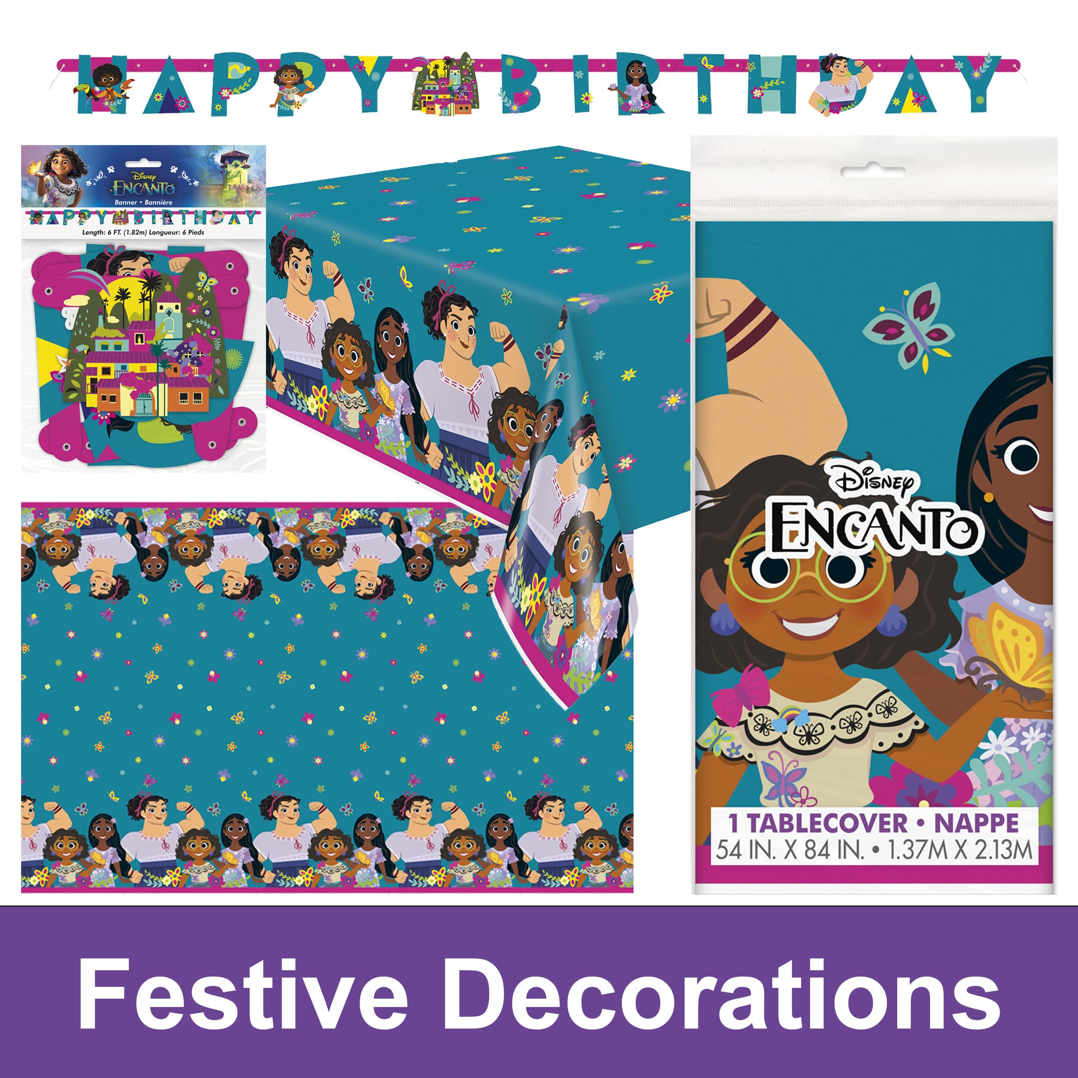 Encanto Themed Happy Birthday Party Supplies for Kids, Serves 16, Decorations and Dinnerware set with Table Cover, Plates, Napkins, Banner, Cups, Candles and Party Planning List