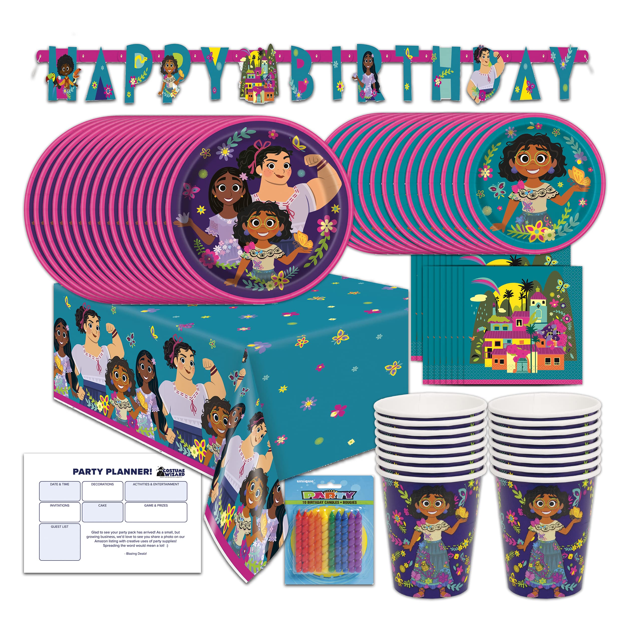 Encanto Themed Happy Birthday Party Supplies for Kids, Serves 16, Decorations and Dinnerware set with Table Cover, Plates, Napkins, Banner, Cups, Candles and Party Planning List