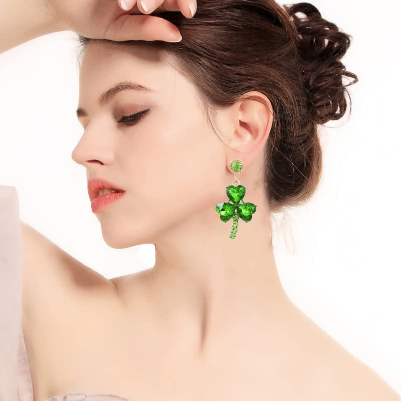 St Patrick's Day Earrings for Women,Green Rhinestone Irish Shamrock Drop Dangle Earrings Green Clover Crystal Opal Earrings Good Luck Holiday Jewelry (A)