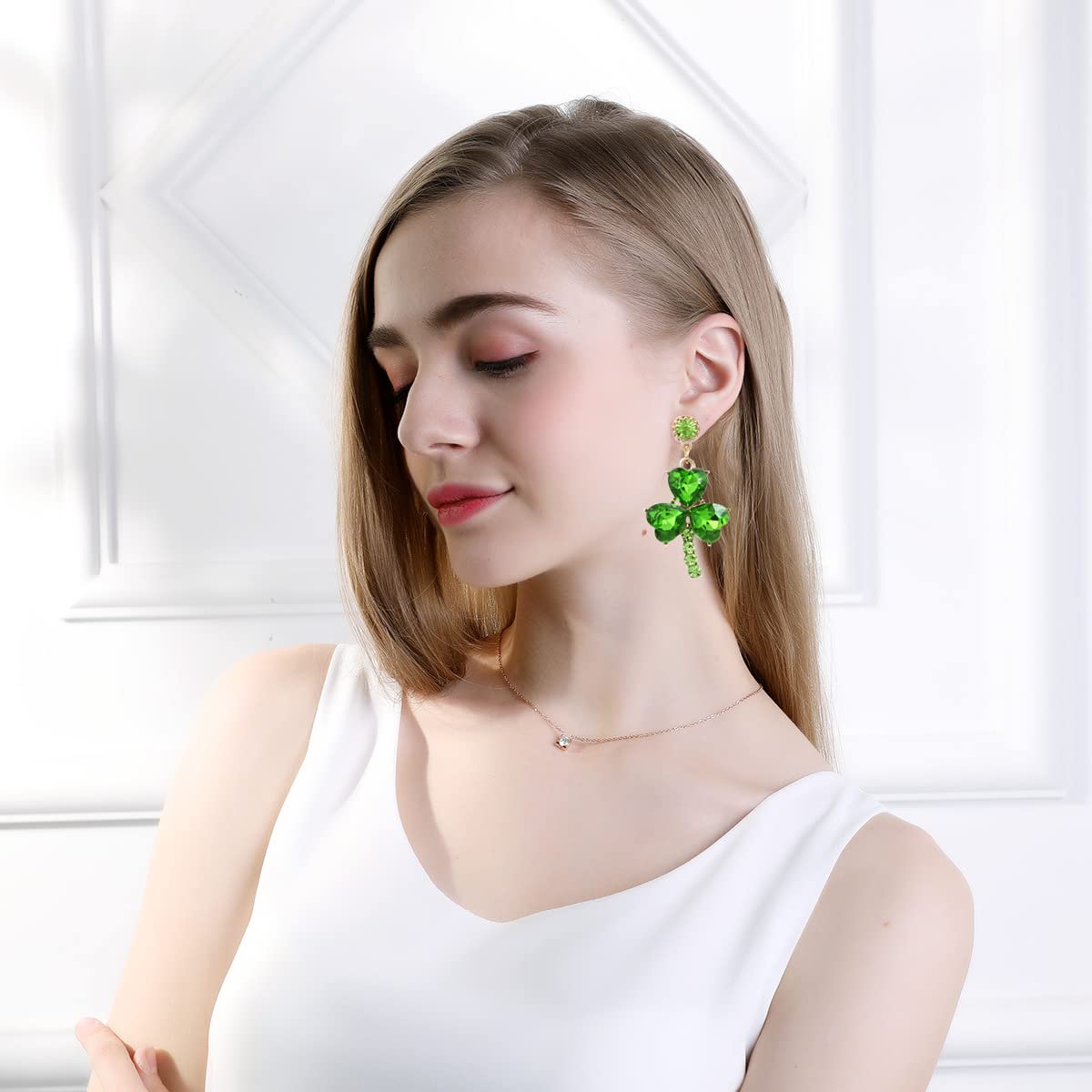 St Patrick's Day Earrings for Women,Green Rhinestone Irish Shamrock Drop Dangle Earrings Green Clover Crystal Opal Earrings Good Luck Holiday Jewelry (A)