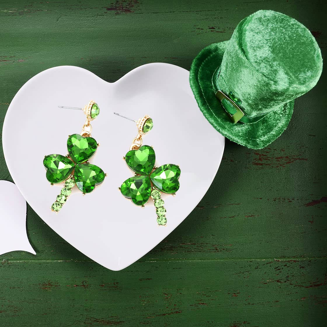 St Patrick's Day Earrings for Women,Green Rhinestone Irish Shamrock Drop Dangle Earrings Green Clover Crystal Opal Earrings Good Luck Holiday Jewelry (A)