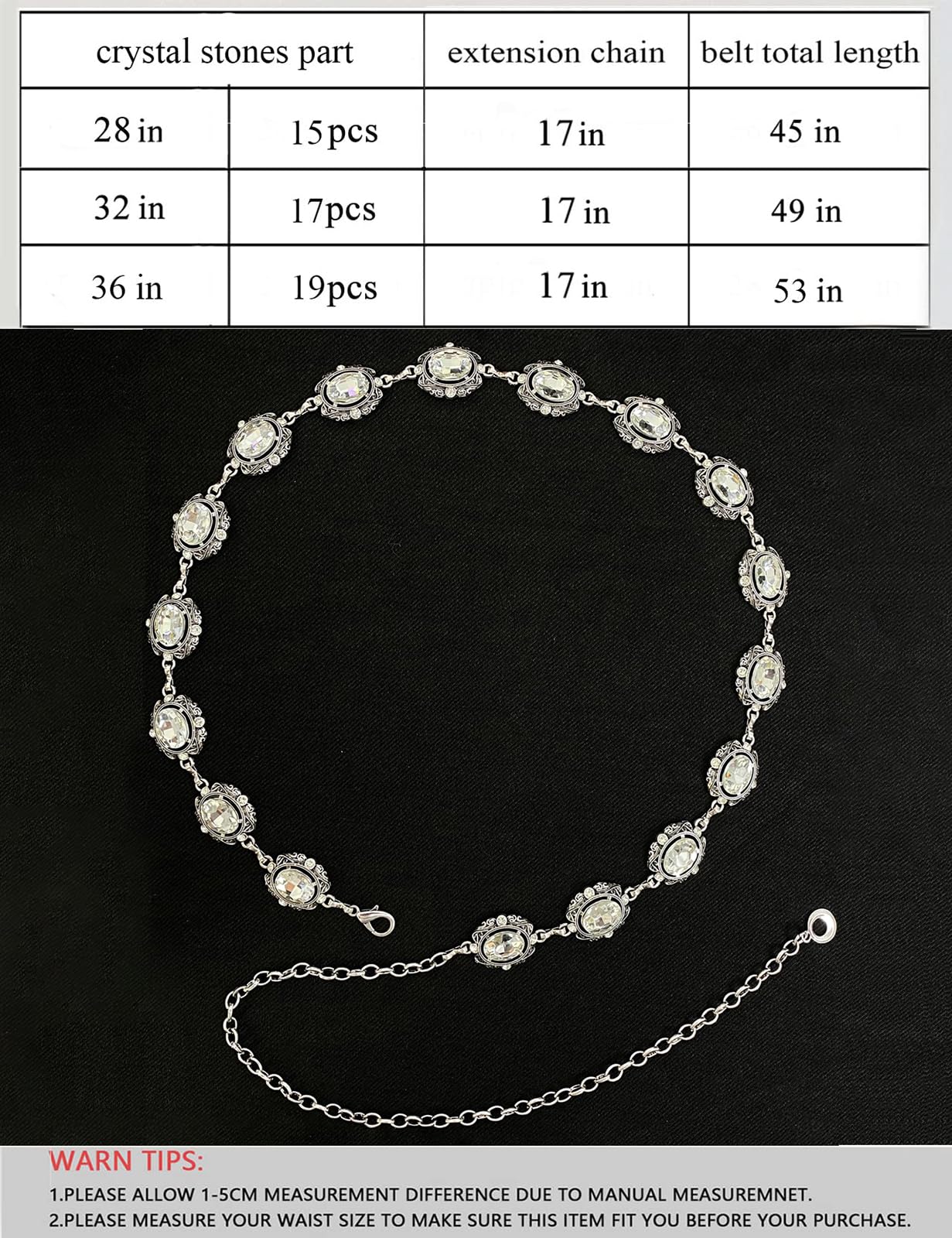 BEMYLV Bling Western Silver Chain Belts for Women Dresses Sparkly Rhinestone Waist Belt for Wedding Evening Dress