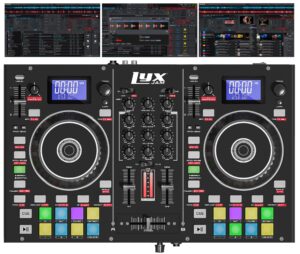 lyxjam 2-deck portable dj controller, mixing console with lcd display | manual looping, usb, mic input, record output, 16 performance pads with virtual dj le software included (download)