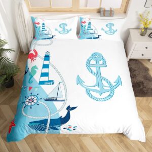 ocean anchor duvet cover set king size sea whale seahorse crab bedding set 3pcs for kids boys teens room decor nautical rudder comforter cover white blue quilt cover,2 pillowcases