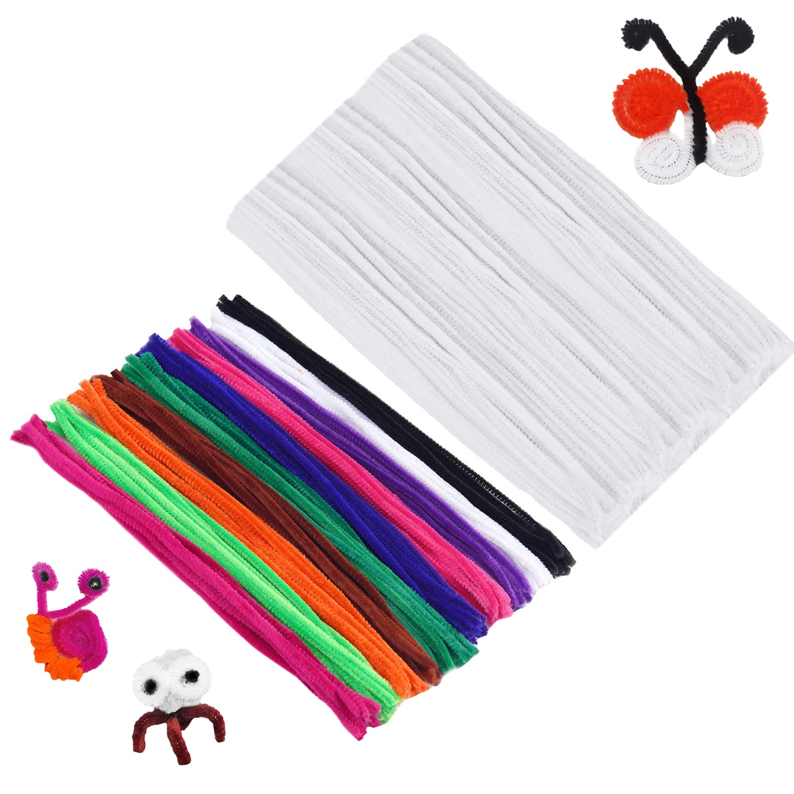 Cuttte Pipe Cleaners Craft Supplies - 100pcs White Pipe Cleaners Craft and 100pcs 10 Colors Pipe Cleaners, Craft Kids DIY Art Supplies, Pipe Cleaner Chenille Stems