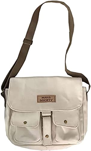 Pbkabiug Women's Canvas Bag Harajuku Messenger Bag Shoulder Bags Vintage Canvas Bag Multiple Pockets Crossbody Bag (White)