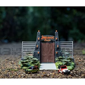 Nano Scene Jurassic Park 30th Anniversary Jurassic Gate Diorama w/ Two 1.65" Die-Cast Cars, Toys for Kids and Adults