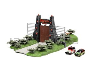 nano scene jurassic park 30th anniversary jurassic gate diorama w/ two 1.65" die-cast cars, toys for kids and adults