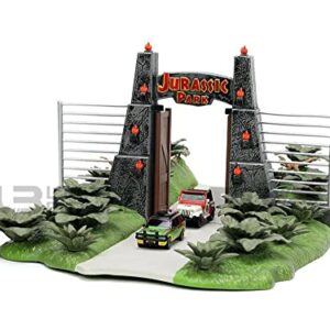 Nano Scene Jurassic Park 30th Anniversary Jurassic Gate Diorama w/ Two 1.65" Die-Cast Cars, Toys for Kids and Adults